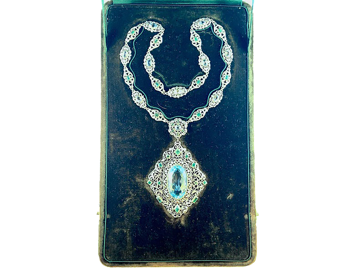 Belle Époque acquamarine emerald and ruby gold necklace – Gioielleria ...