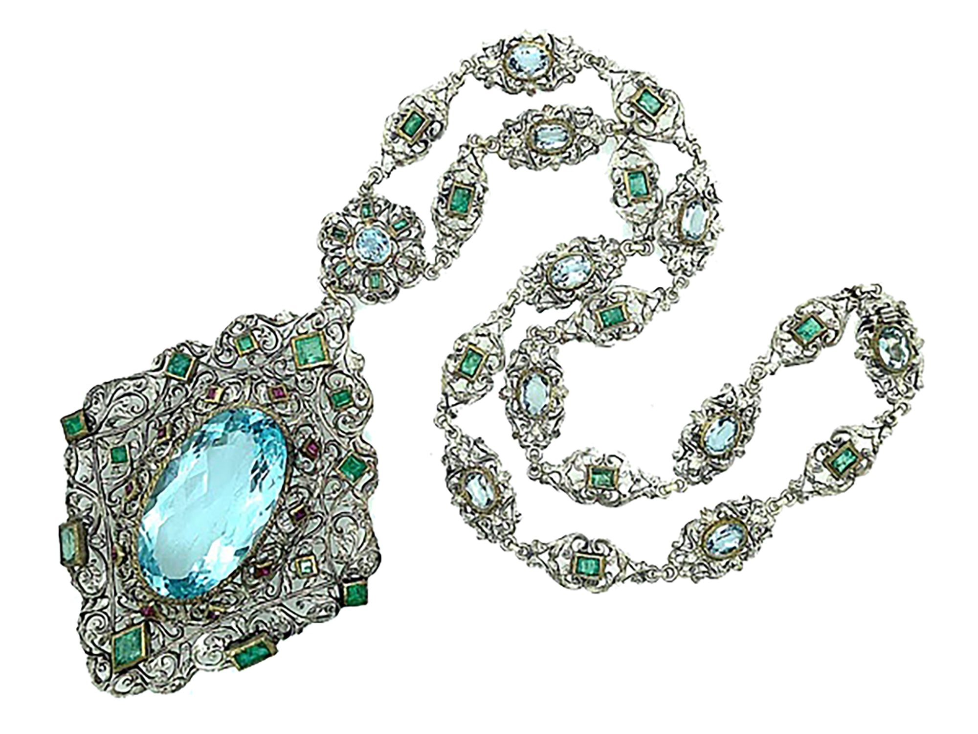 Belle Époque acquamarine emerald and ruby gold necklace – Gioielleria ...