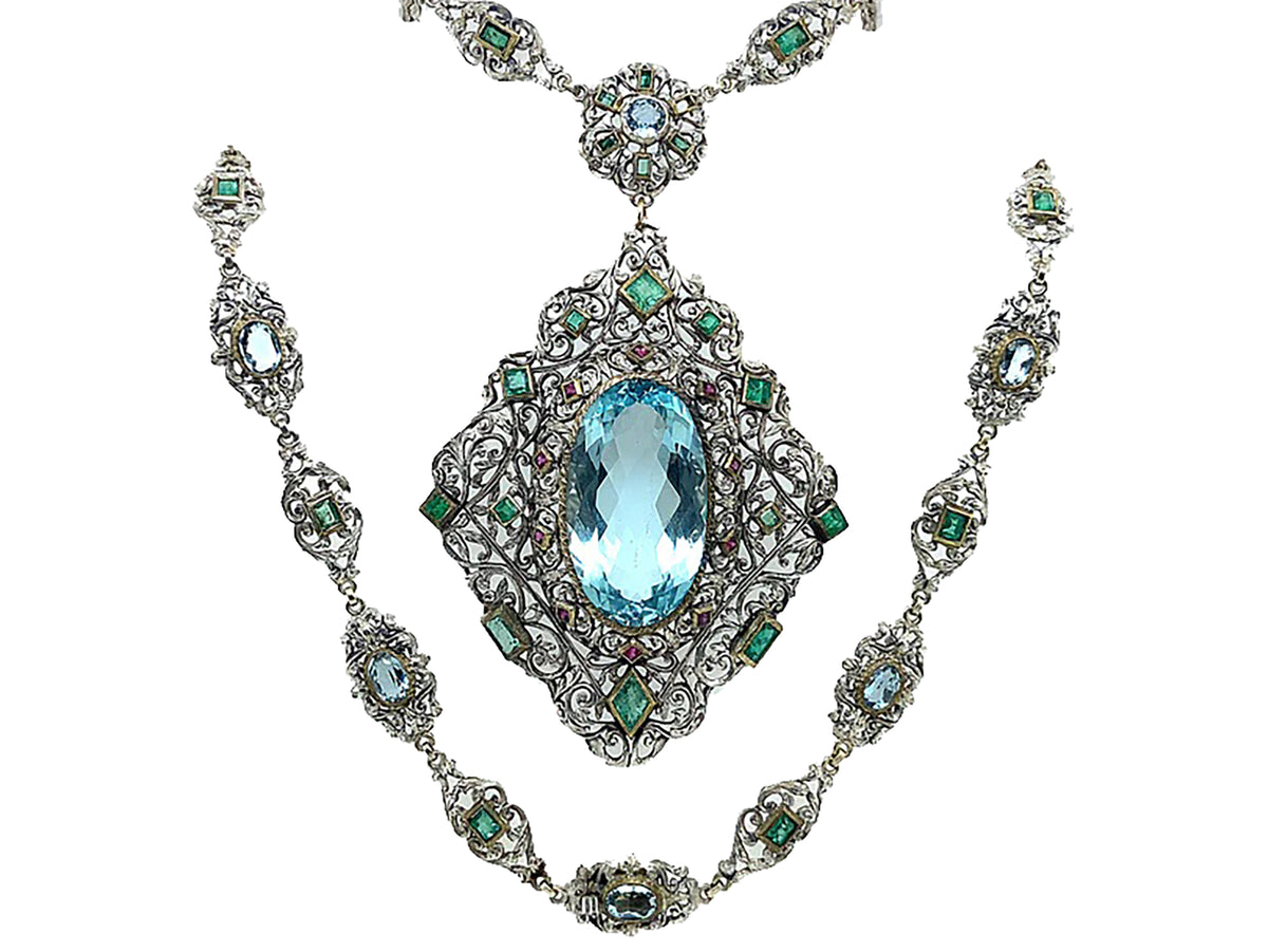 Belle Époque acquamarine emerald and ruby gold necklace – Gioielleria ...