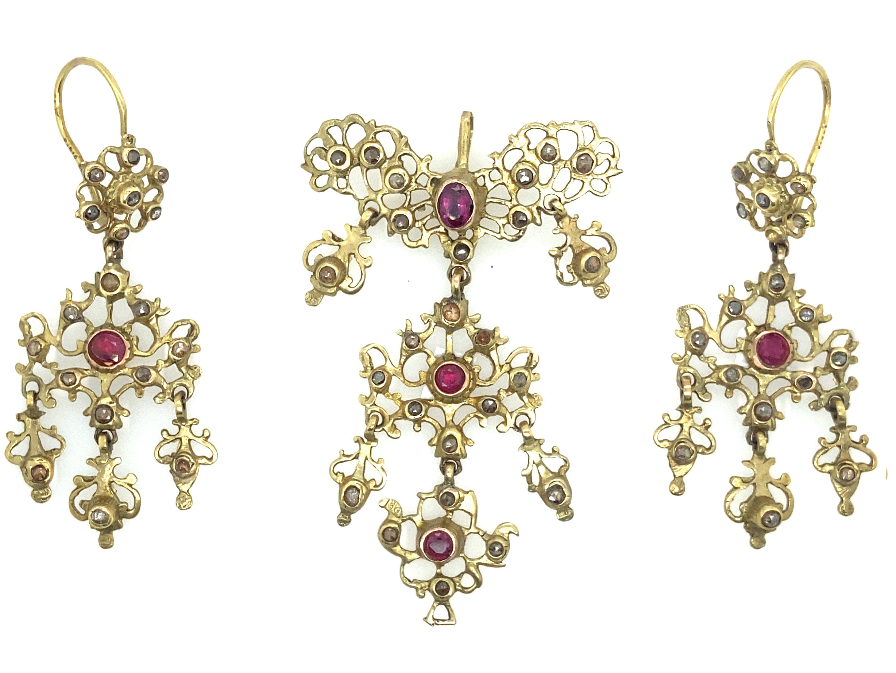 Antique gold, ruby and rose-cut diamond girandole earrings and pendant ...